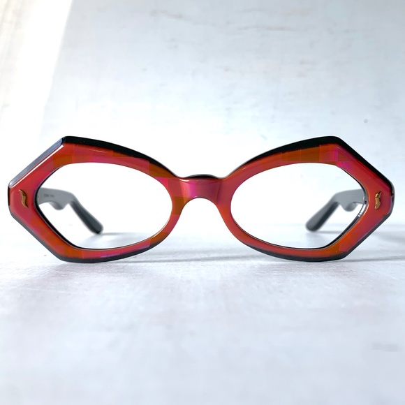 Vintage Accessories 6s French Eccentric Checkered Thick Eyeglass Frames Iridescent Hot Pink